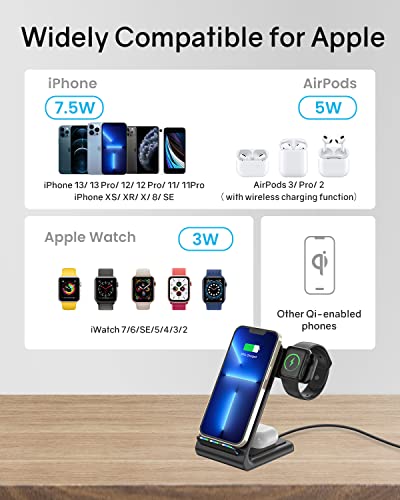 Wireless Charging Station for Multiple Device Apple - 3 in 1 Wireless Charger Stand Dock for Apple Watch 7/SE/ 6/5/4/3/2, Airpods 3/2/Pro, iPhone 13 Pro/13/12Pro/12/11 Certified Phones