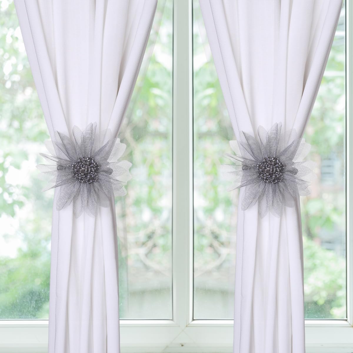 SUQ I OME 2 Pack of Handmade Crystal Pearl Beaded Magnetic Flower Curtain Tieback Holdback for Drapes(Gray