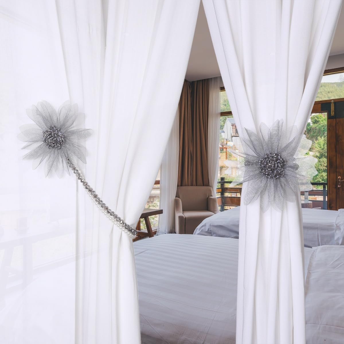 SUQ I OME 2 Pack of Handmade Crystal Pearl Beaded Magnetic Flower Curtain Tieback Holdback for Drapes(Gray
