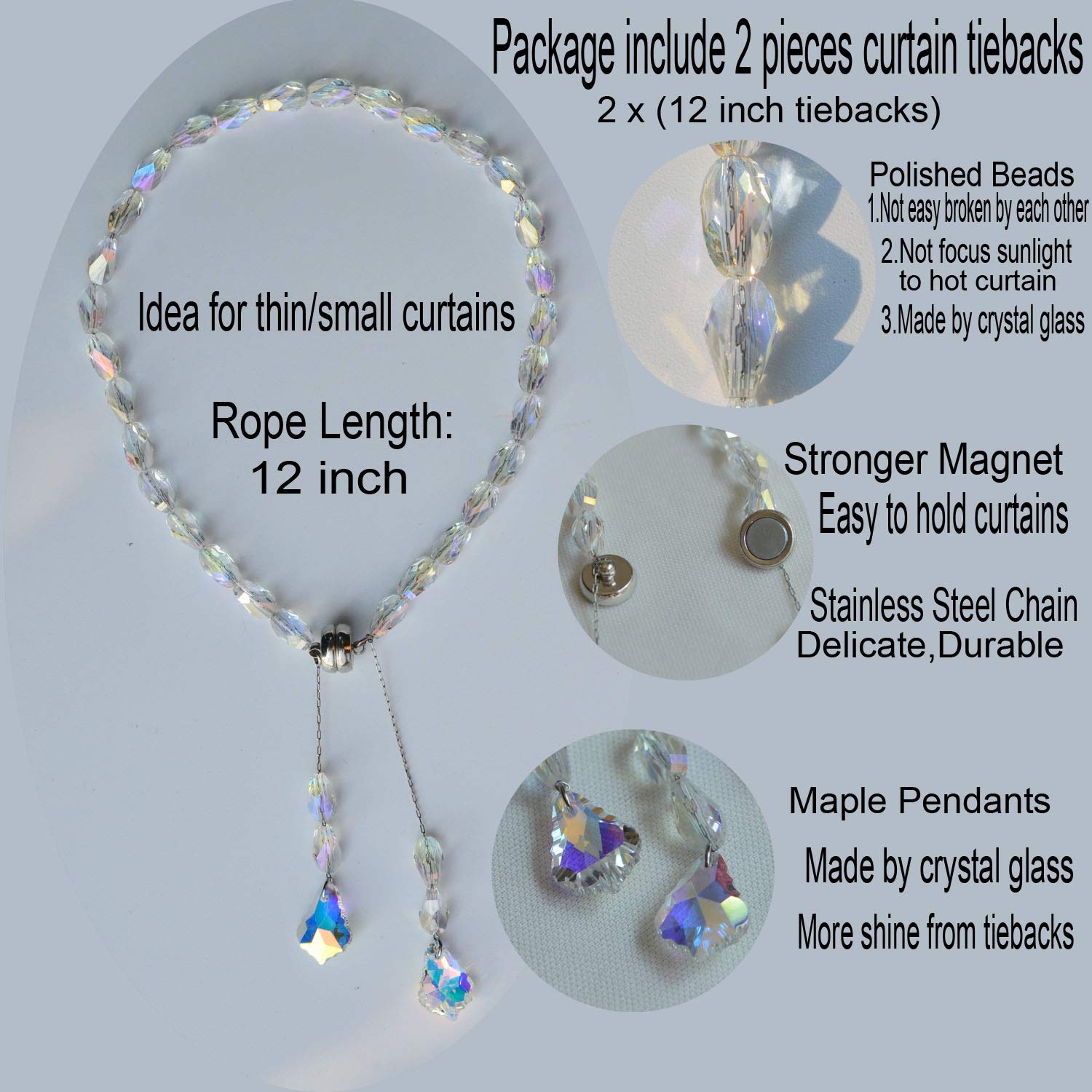 Magnetic Curtain Tiebacks,Crystal Beads Rope Drapery Holdbacks Holder for Small,Thin or Sheer Window Draperies,12 Inch Long,2 Pack (White)