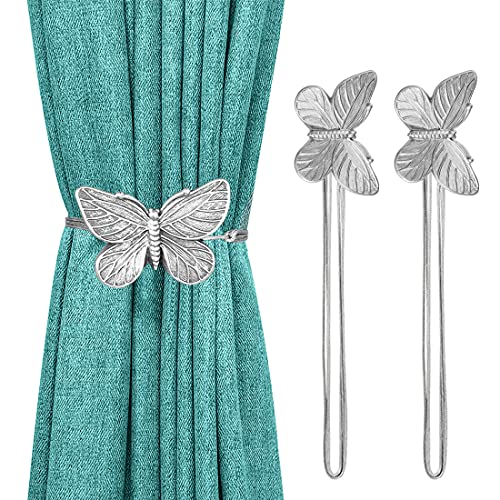 Lewondr Magnetic Curtain Tie, 1 Pair Vintage Butterfly Resin Flower Curtain Drapery Holdback Retro Window Curtain Decorative Buckle Holder for Home Office Cafe Balcony, Silver