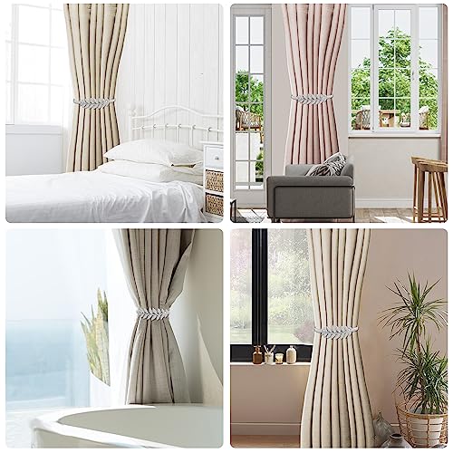 Amaxiu Curtain Tiebacks, 4 Pack Leaf Carving Design Curtain Holdback Adjustable Curtain Ties for Drapes Decorative Modern Style Curtain Drapery Wall Hooks Hanger Window Treatment Holdbacks(Silver)