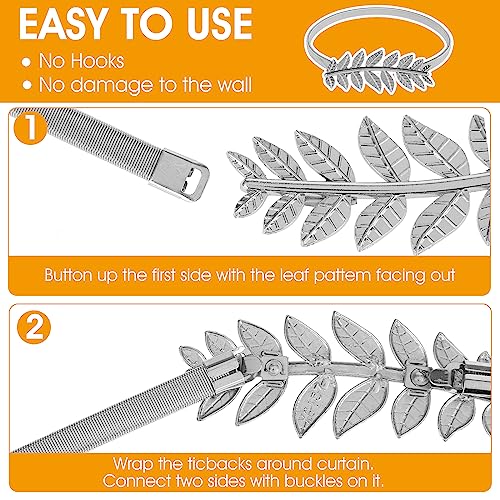 Amaxiu Curtain Tiebacks, 4 Pack Leaf Carving Design Curtain Holdback Adjustable Curtain Ties for Drapes Decorative Modern Style Curtain Drapery Wall Hooks Hanger Window Treatment Holdbacks(Silver)