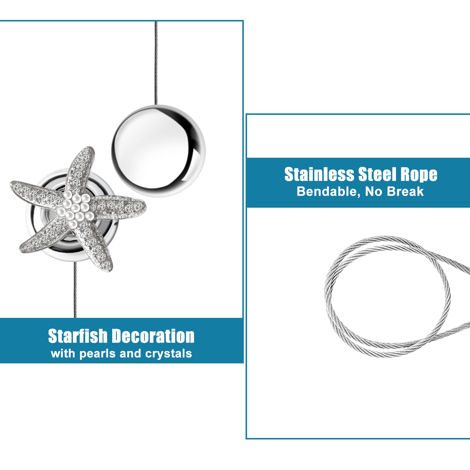 KOLAKO Curtain Tiebacks, Magnetic Curtain Holdbacks Silver Crystal Drapery Magnet Pearl Decorative Modern Curtain Buckle Starfish Metal Curtain Holders No Drill, Ties Backs for Curtains 4 Pack