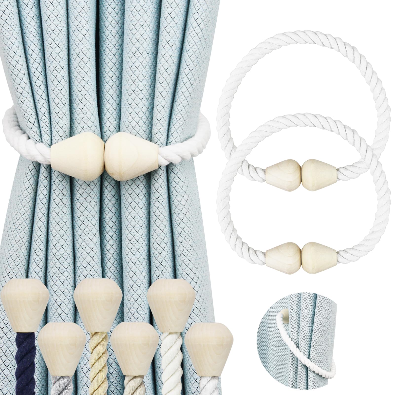 Hangtty Magnetic Curtain Tiebacks 2 Pack Cotton Boho Curtain Tie Back Decorative Rope Holdbacks for Curtains Draperies Outdoor Window Treatment Holdbacks, White