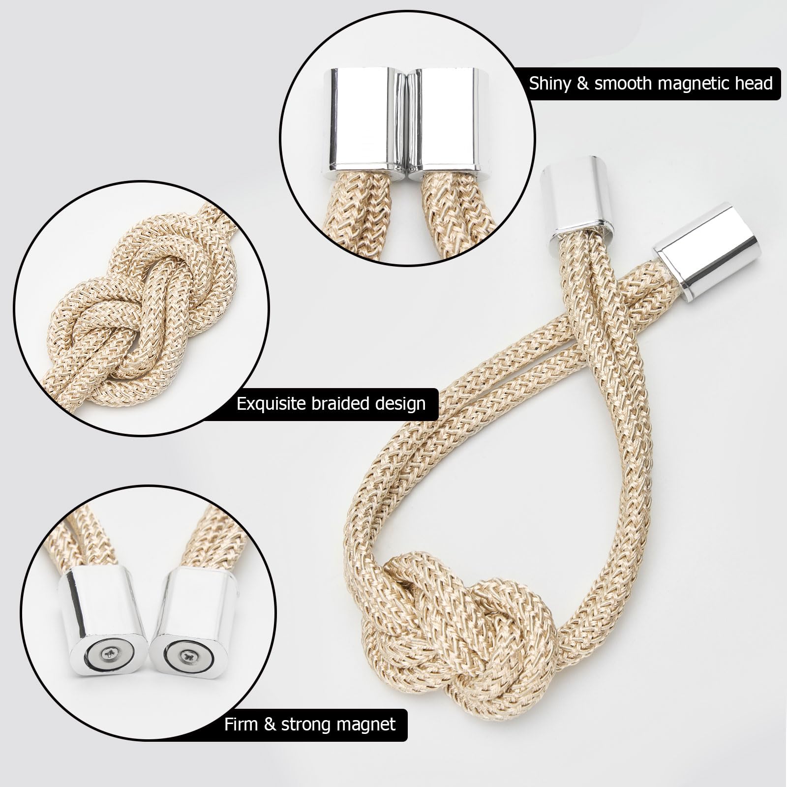 NICEEC 2 Pack Mini Magnetic Curtain Tiebacks Nordic Simple Style Drape Tie Backs Elegant Hand Weave Rope Knot Decorative Curtain Holdbacks for Home & Office Thin Window Drapery (Beige)
