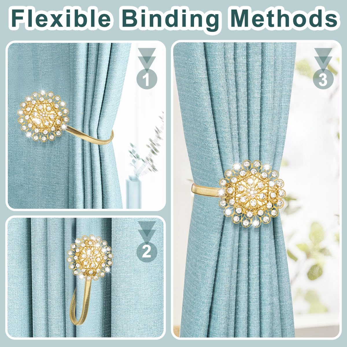 AULEEP Magnetic Curtain Tiebacks, 4 Pack Magnetic Crystal Decorative Drapes Curtain Clips Buckle, Flower Curtain Tie Back, European and American Style (Gold)