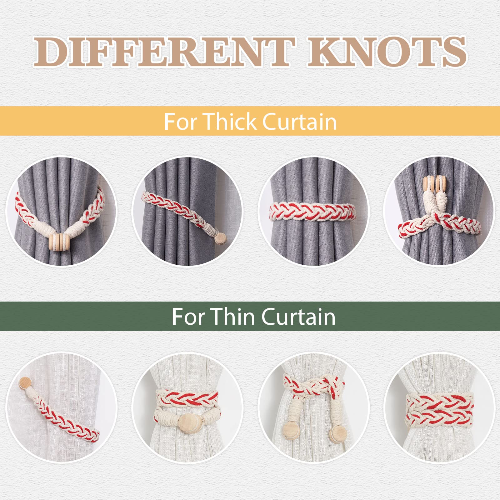 NICEEC 2 Pack Wood Strong Magnetic Curtain Tiebacks Boho Style Decorative Drape Tie Backs Natural Cotton Hand-Woven Soft Rope Curtain Holdbacks for Home & Office Draperies Decor (Beige & Red)