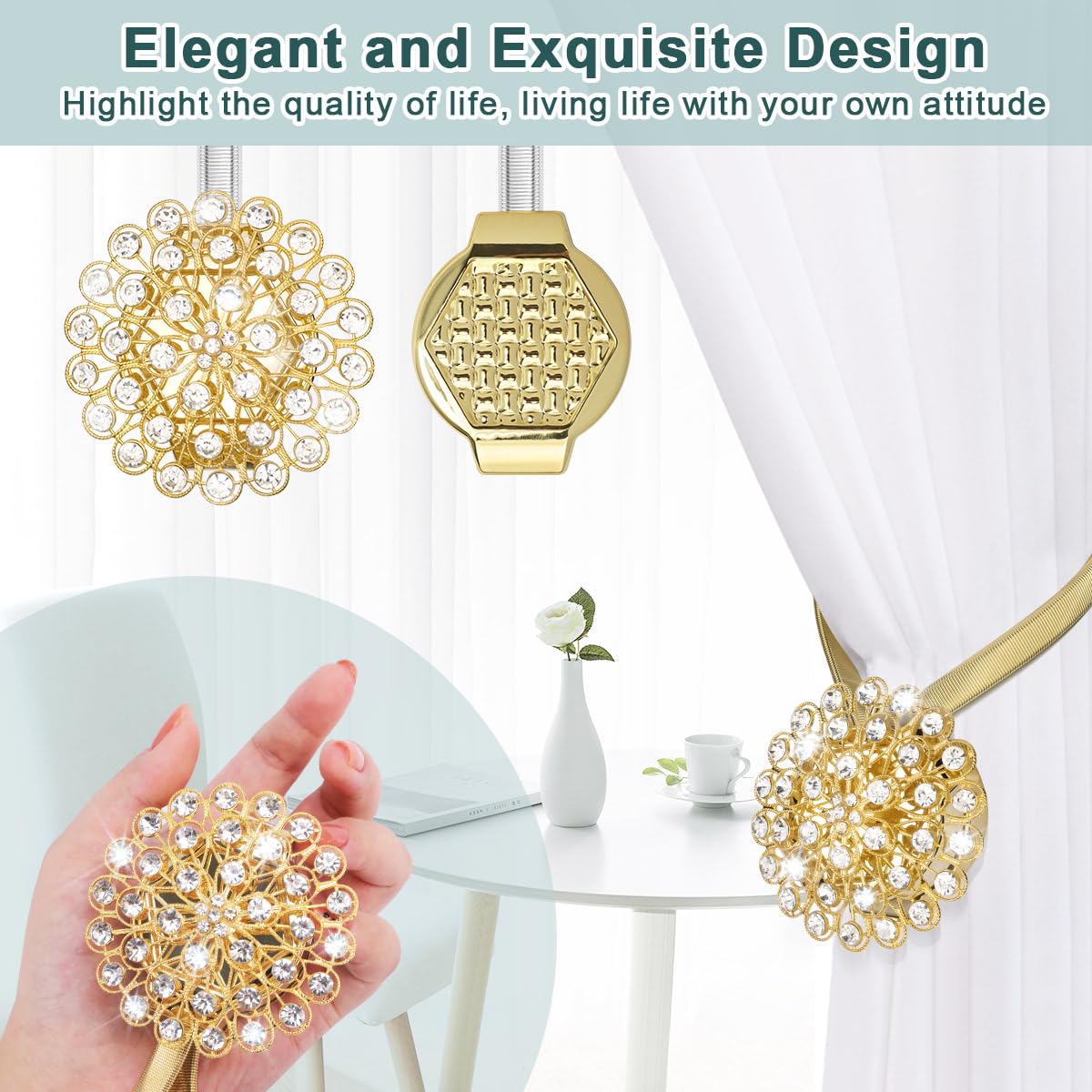 AULEEP Magnetic Curtain Tiebacks, 4 Pack Magnetic Crystal Decorative Drapes Curtain Clips Buckle, Flower Curtain Tie Back, European and American Style (Gold)