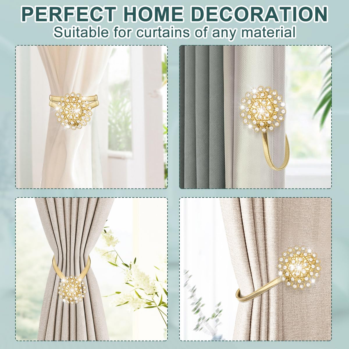 AULEEP Magnetic Curtain Tiebacks, 4 Pack Magnetic Crystal Decorative Drapes Curtain Clips Buckle, Flower Curtain Tie Back, European and American Style (Gold)