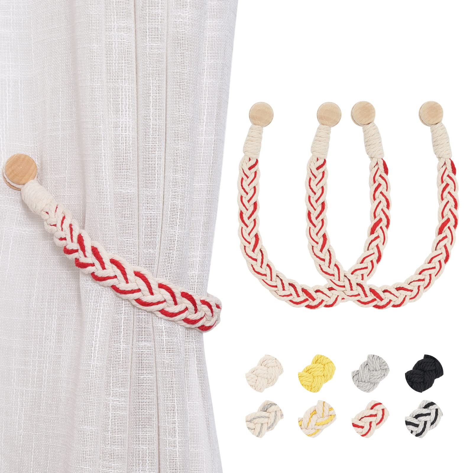 NICEEC 2 Pack Wood Strong Magnetic Curtain Tiebacks Boho Style Decorative Drape Tie Backs Natural Cotton Hand-Woven Soft Rope Curtain Holdbacks for Home & Office Draperies Decor (Beige & Red)
