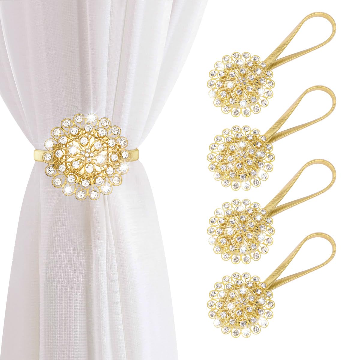 AULEEP Magnetic Curtain Tiebacks, 4 Pack Magnetic Crystal Decorative Drapes Curtain Clips Buckle, Flower Curtain Tie Back, European and American Style (Gold)
