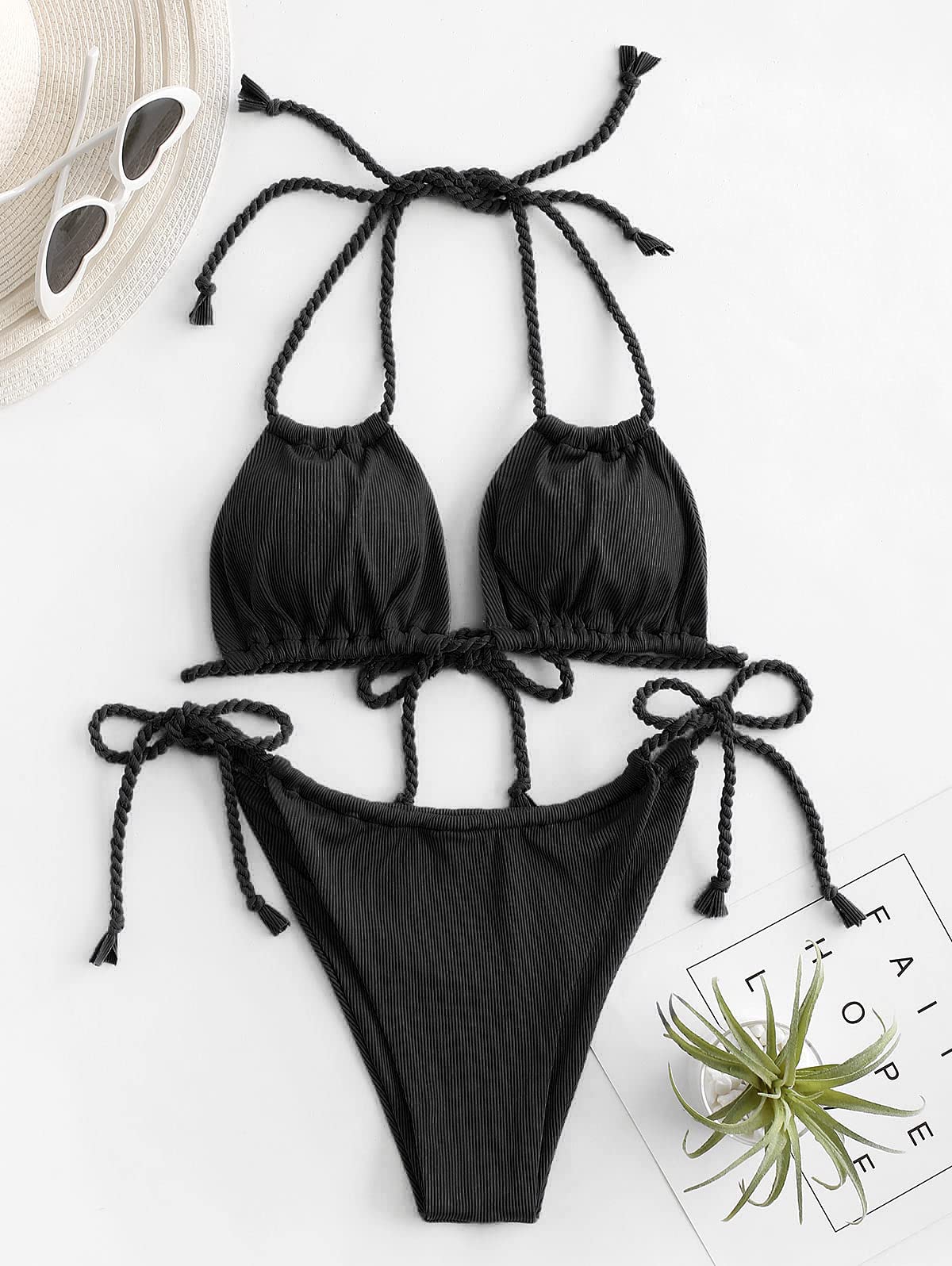 ZAFUL Triangle Bikini for Women 2 Piece Halter Bikini Sets Sexy High Cut Bathing Suit Side Tie Swimsuits Black Multiway S