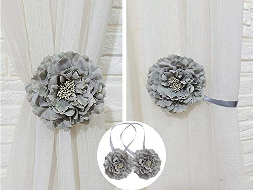 CHICTIE 2 Piece Large Cloth Flower Magnetic Curtain Tieback Wedding Decorative Holdbacks Rope American Rustic Style Drapery Holder Clip for Girl's Room (Grey)