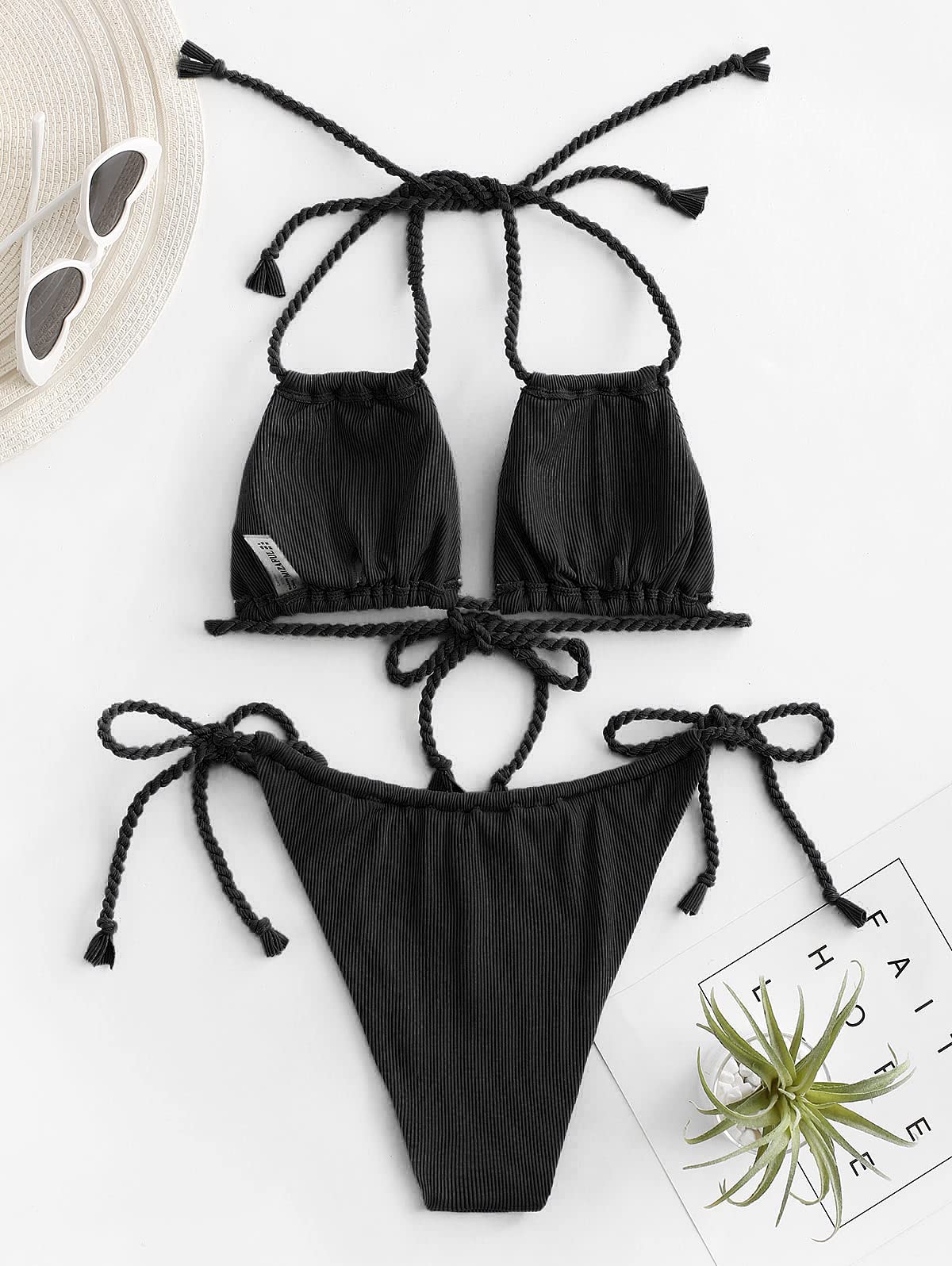ZAFUL Triangle Bikini for Women 2 Piece Halter Bikini Sets Sexy High Cut Bathing Suit Side Tie Swimsuits Black Multiway S