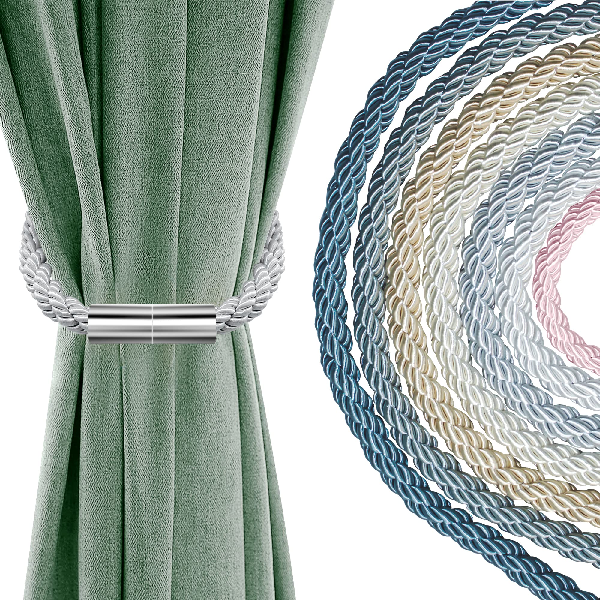 VIKIMORA 2 Pack Curtain Tiebacks for Draperys Gray, Strong Magnetic Curtain Tie Backs,Curtain Holders for Thick Drapes,Gray Cotton Rope Tie Backs for Heavy Duty Drapes,Gray