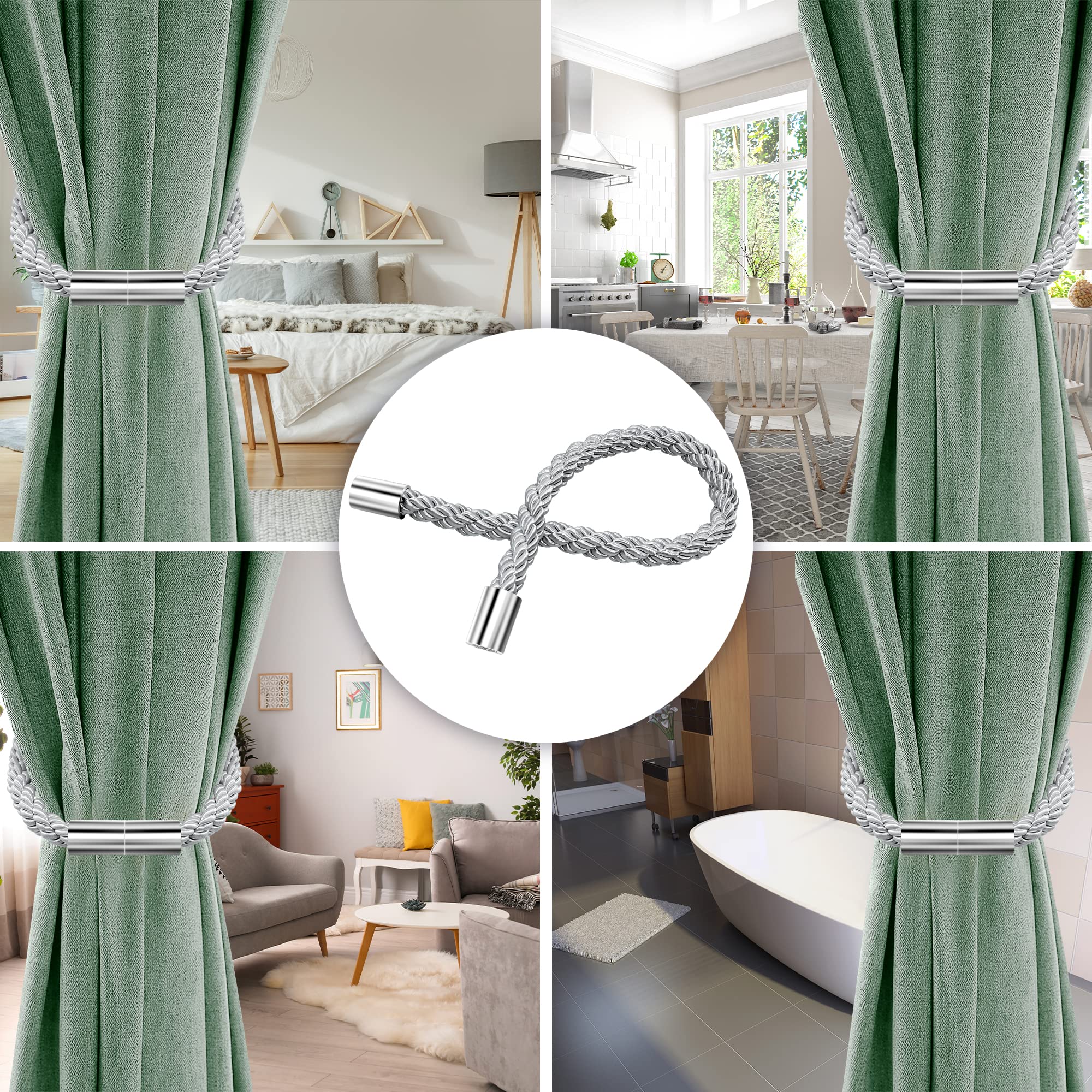 VIKIMORA 2 Pack Curtain Tiebacks for Draperys Gray, Strong Magnetic Curtain Tie Backs,Curtain Holders for Thick Drapes,Gray Cotton Rope Tie Backs for Heavy Duty Drapes,Gray
