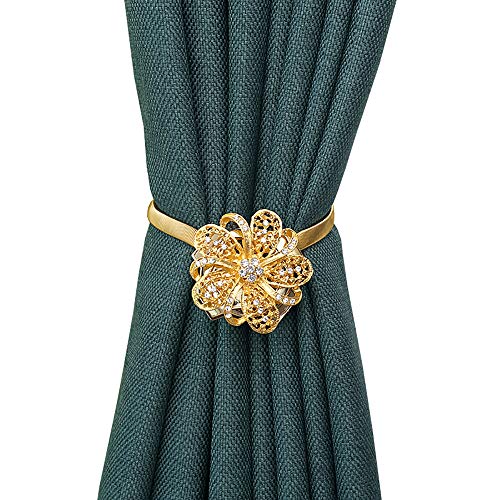 JQWUPUP Magnetic Curtain Tiebacks, Luxury Crystal Blossoms Drapery Holdbacks - Decorative Curtain Tie Backs Clip for Sheer and Blackout Panels (2 Pieces, Gold Yellow)