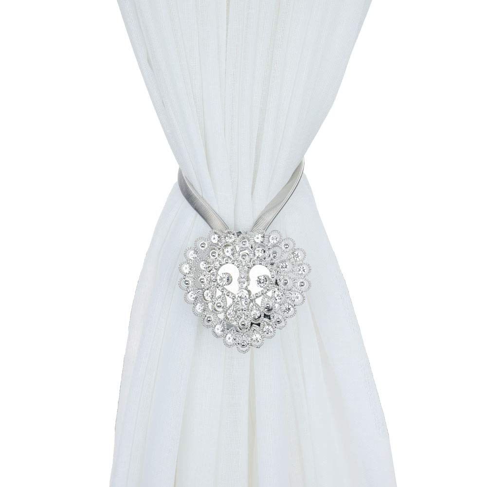 2PCS Magnetic Curtain Tiebacks Crystal Heart Shape Window Curtain Holdbacks Buckles Tie Backs Holders with Stretchable Wire Rope for Home and Office Decoration,Silver