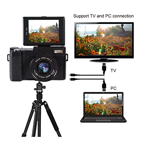 Akozon Digital Camera Camera 24MP Full HD 1080P 4 Times Camera 3.0 Inch 180 Degree Rotation Flip Screen Flash Light for YouTube for Vlog Video Shooting