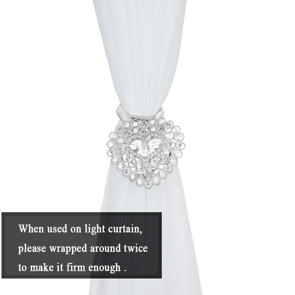 2PCS Magnetic Curtain Tiebacks Crystal Heart Shape Window Curtain Holdbacks Buckles Tie Backs Holders with Stretchable Wire Rope for Home and Office Decoration,Silver