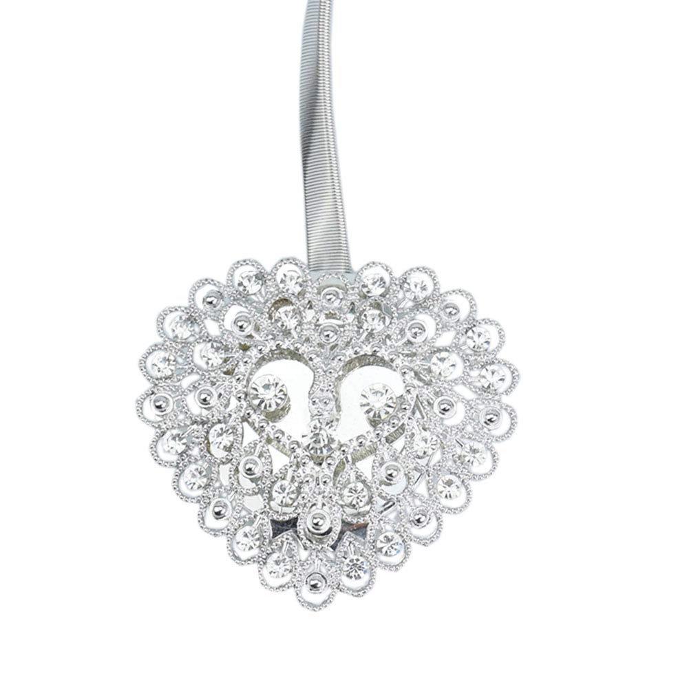 2PCS Magnetic Curtain Tiebacks Crystal Heart Shape Window Curtain Holdbacks Buckles Tie Backs Holders with Stretchable Wire Rope for Home and Office Decoration,Silver