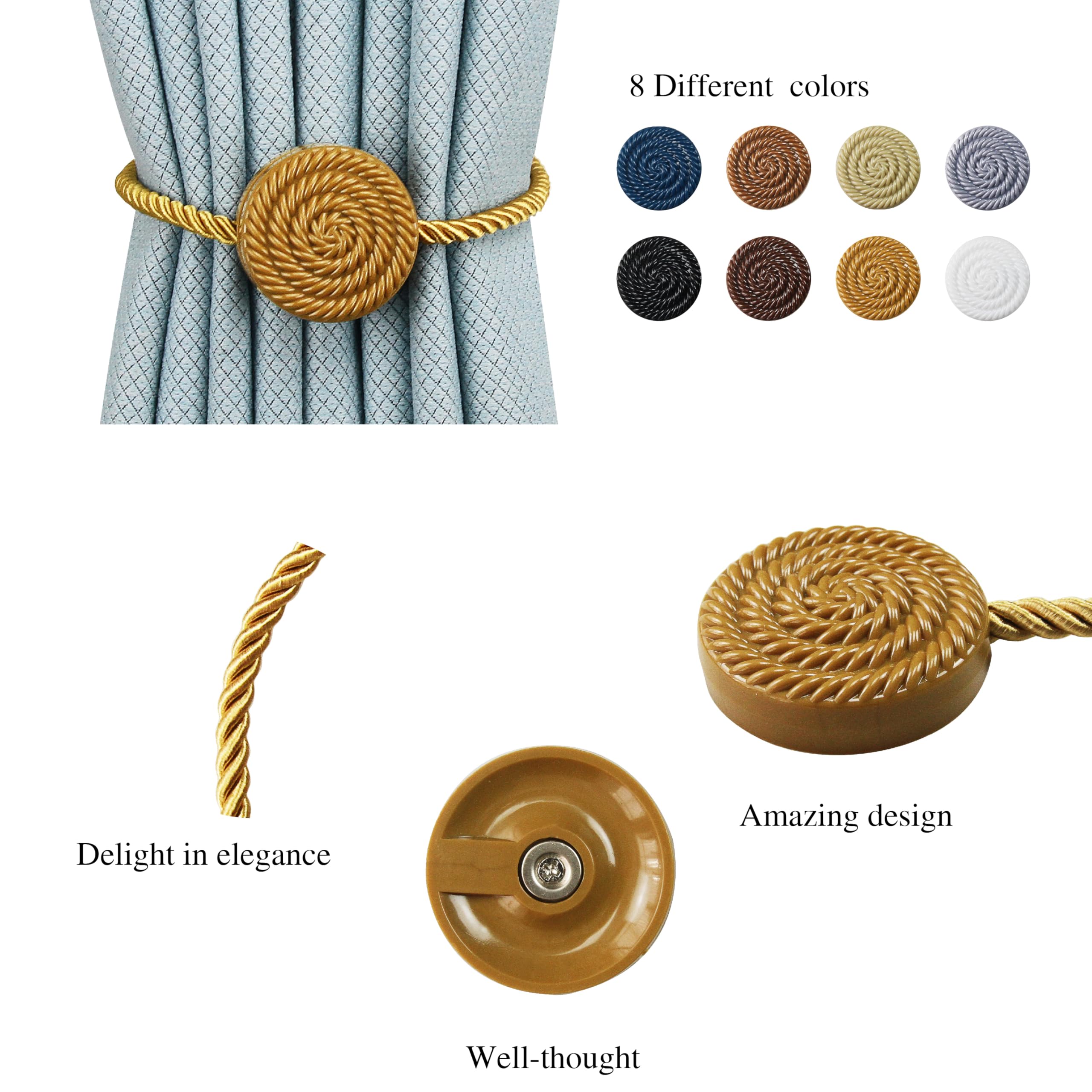 Hangtty Magnetic Curtain Tie Backs 2 Pack Rope Curtain Tiebacks Decorative Curtain Holders for Drapes Window Treatment Holdbacks Home Outdoor Curtain Tiebacks, Gold