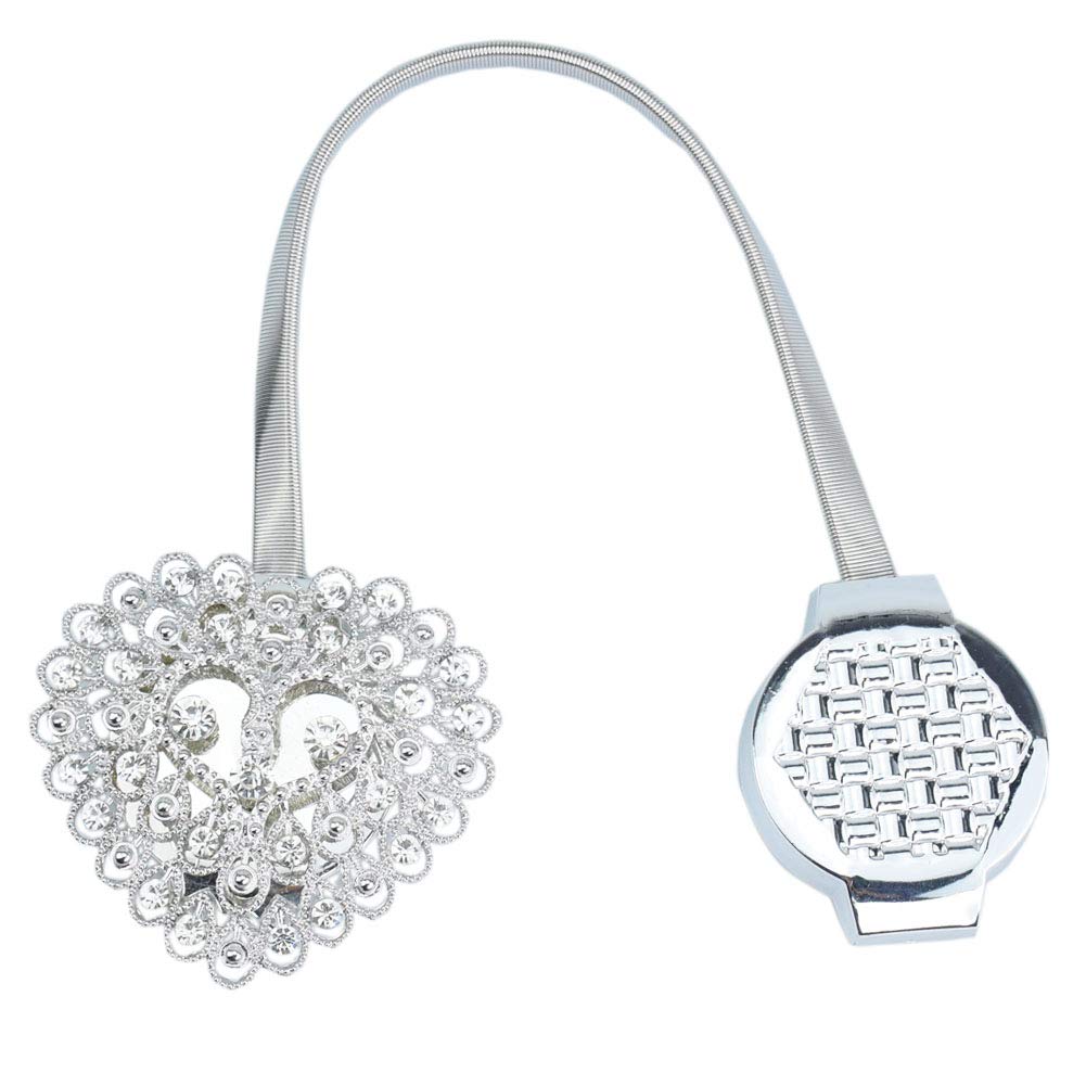 2PCS Magnetic Curtain Tiebacks Crystal Heart Shape Window Curtain Holdbacks Buckles Tie Backs Holders with Stretchable Wire Rope for Home and Office Decoration,Silver