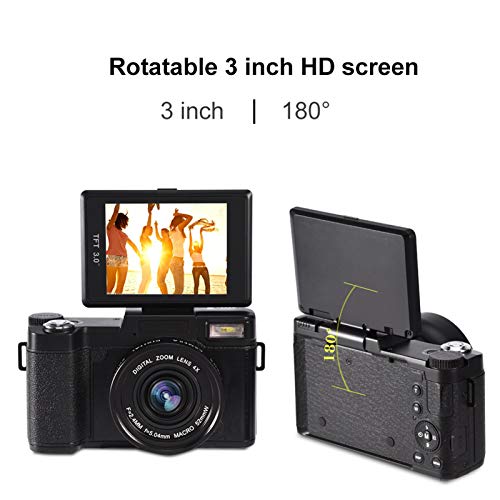 Akozon Digital Camera Camera 24MP Full HD 1080P 4 Times Camera 3.0 Inch 180 Degree Rotation Flip Screen Flash Light for YouTube for Vlog Video Shooting