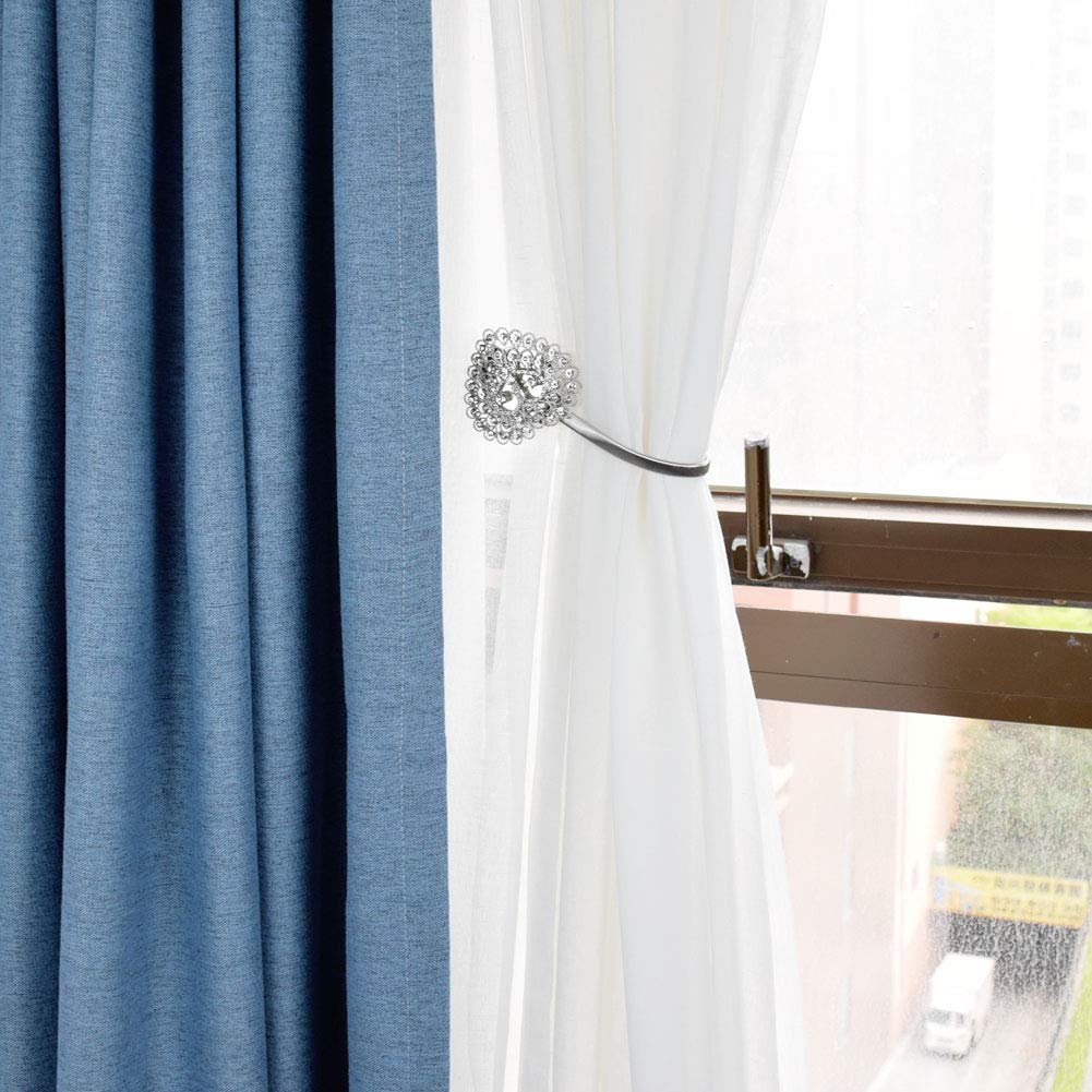 2PCS Magnetic Curtain Tiebacks Crystal Heart Shape Window Curtain Holdbacks Buckles Tie Backs Holders with Stretchable Wire Rope for Home and Office Decoration,Silver