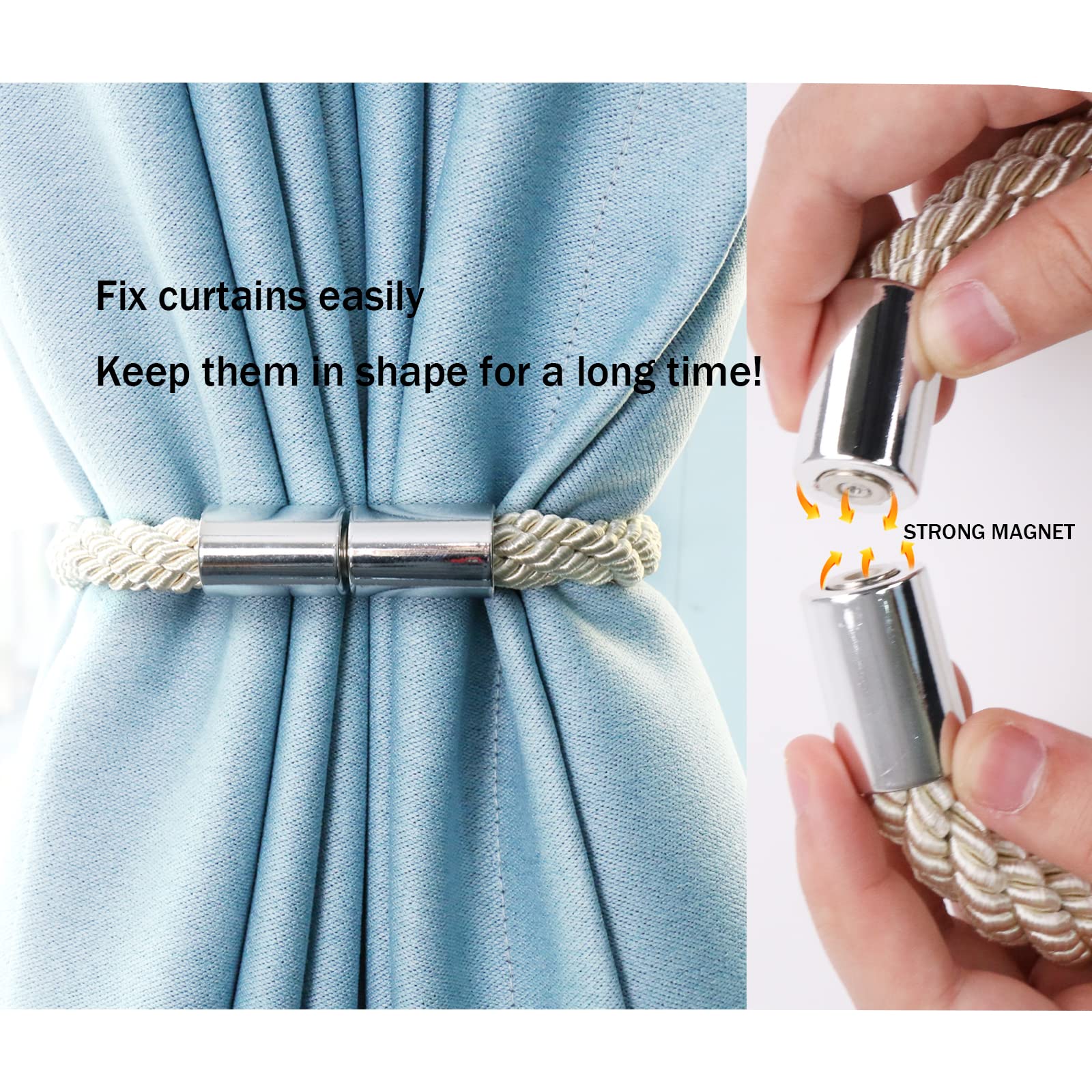 2 Pcs Magnetic Curtain Tiebacks Magnetic Curtain Holder Curtain Tie Window Treatment Holdbacks Back Magnetic Curtain tiebacks Hand Braided Cord for Home Bedroom Office Decorative Curtain（creamy-white）