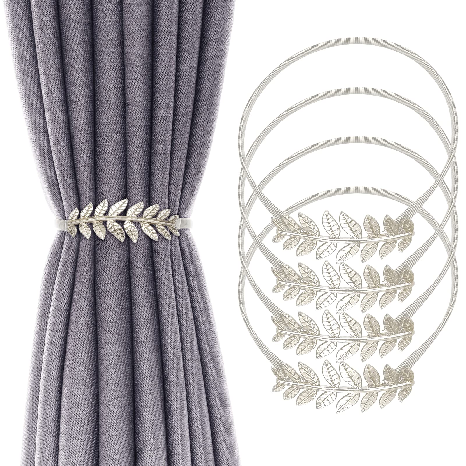 4Pack Aluminum Alloy Spring Design Curtain Tiebacks - Leaf Carving Design Curtain Ties for Drapes - Modern Style Holdbacks (Silver Leaf)