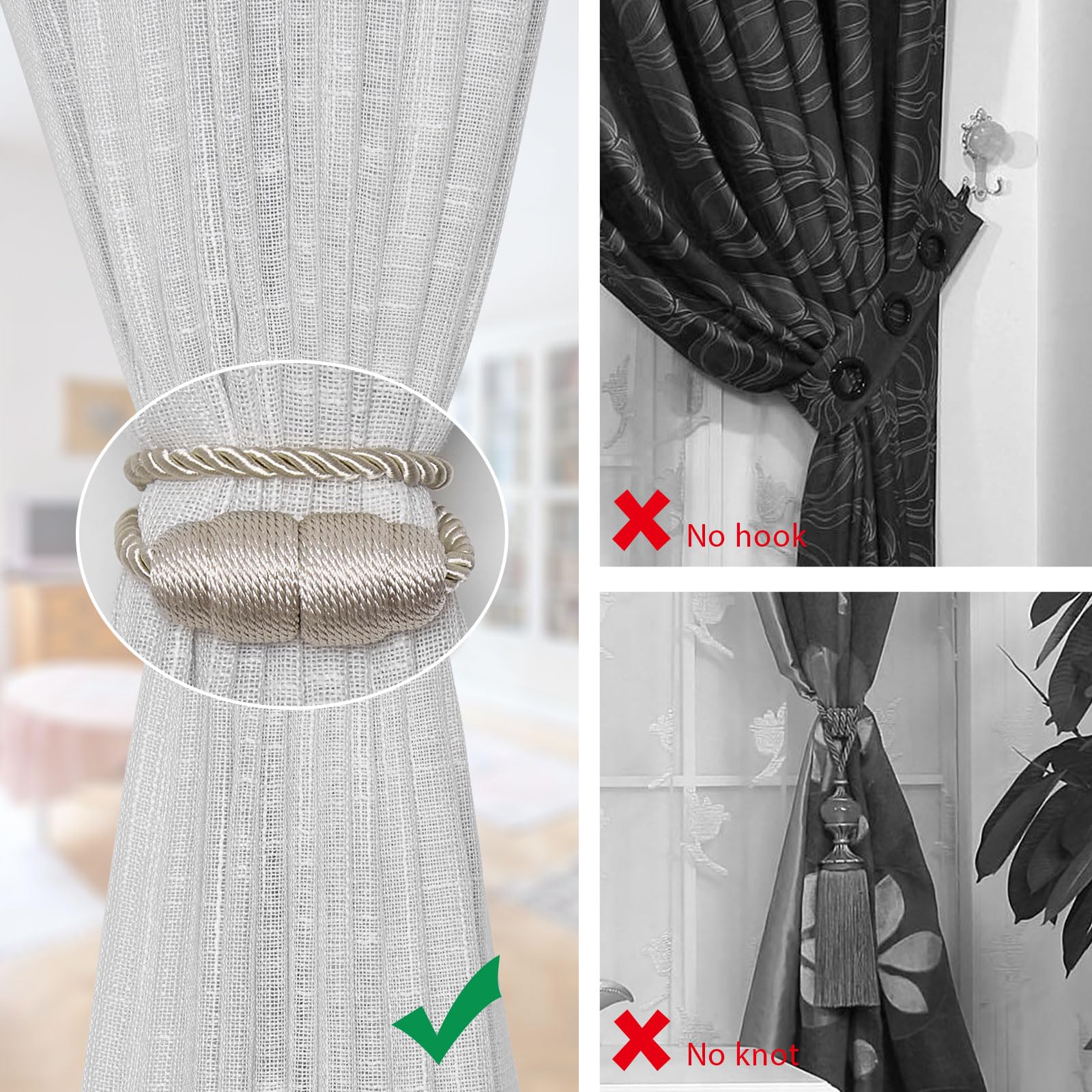 NICEEC 2 Pack Strong Magnetic Curtain Tiebacks Handmade Weave Side Rope Curtain Holdbacks Unique & Elegant Decorative Curtain Drape Tie Backs for Home & Office & Outdoor Window Drapery (Beige)