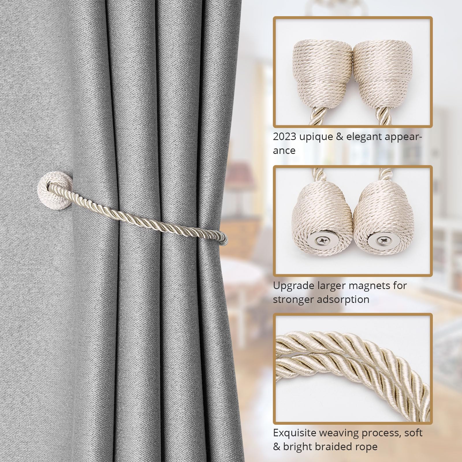 NICEEC 2 Pack Strong Magnetic Curtain Tiebacks Handmade Weave Side Rope Curtain Holdbacks Unique & Elegant Decorative Curtain Drape Tie Backs for Home & Office & Outdoor Window Drapery (Beige)