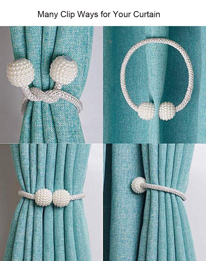 Pinowu Magnetic Curtain Tiebacks Convenient Drape Tie Backs (4pcs), Pearl Decorative Holdback Rope Holder for Small, Thin or Sheer Window Draperies (Gray)