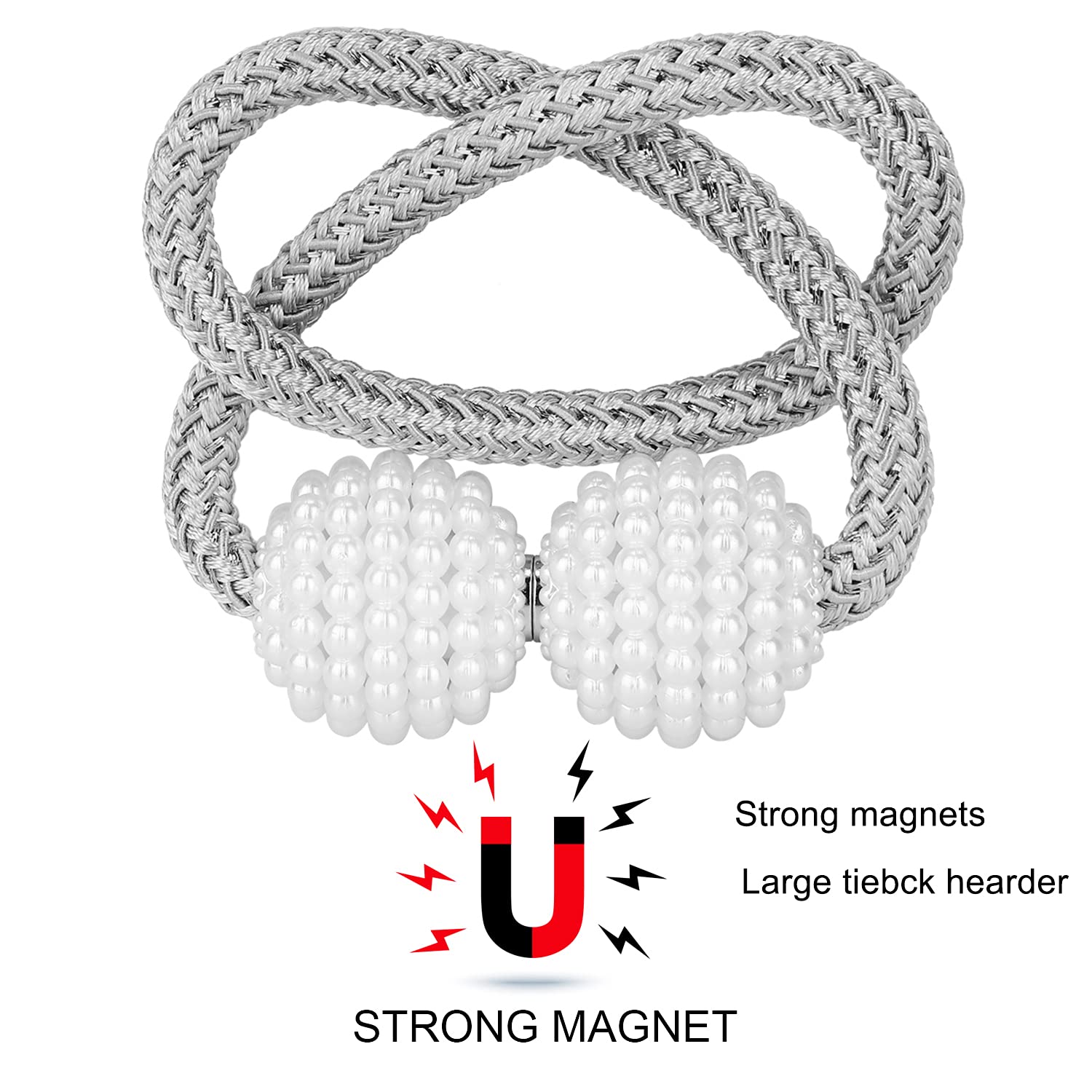 Pinowu Magnetic Curtain Tiebacks Convenient Drape Tie Backs (4pcs), Pearl Decorative Holdback Rope Holder for Small, Thin or Sheer Window Draperies (Gray)
