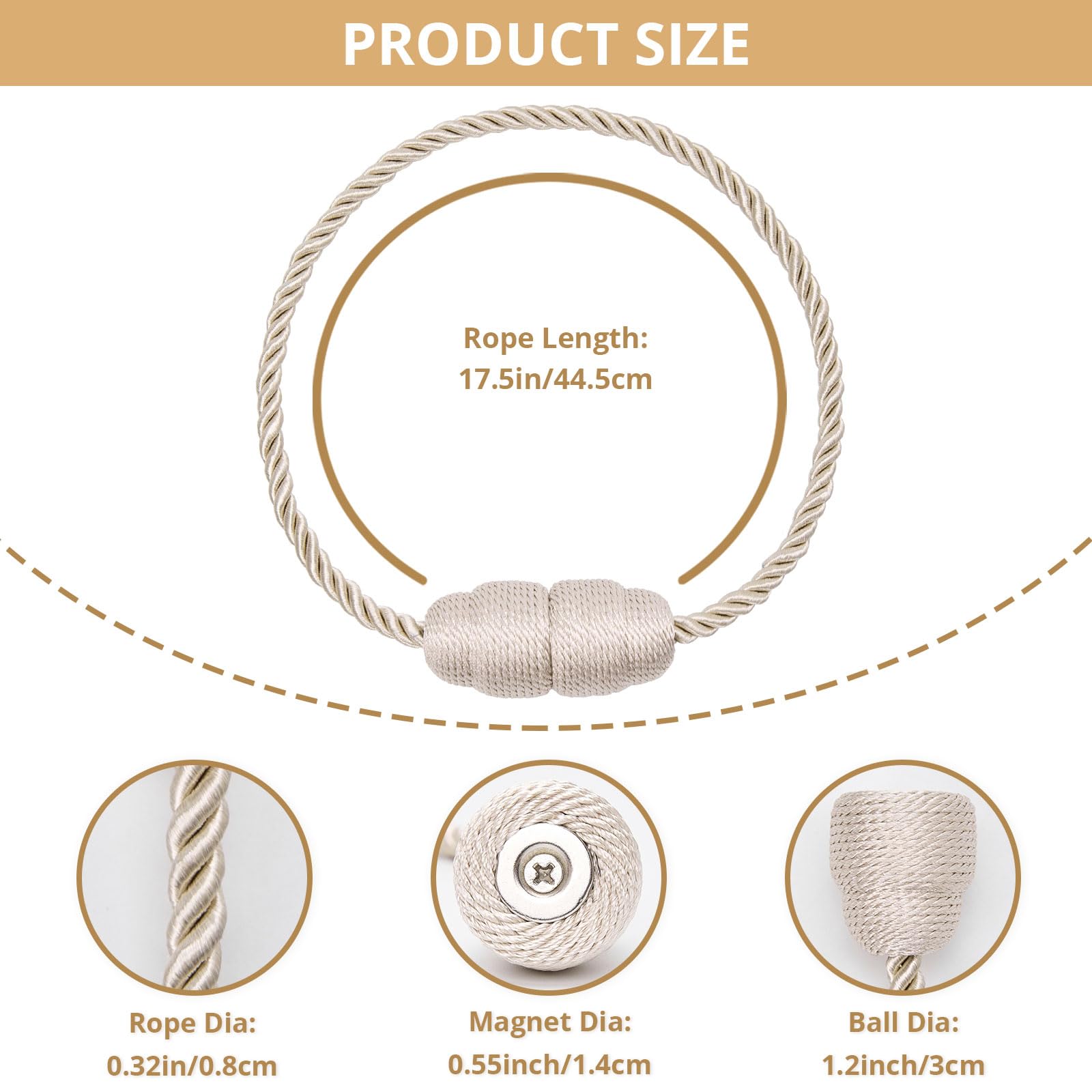 NICEEC 2 Pack Strong Magnetic Curtain Tiebacks Handmade Weave Side Rope Curtain Holdbacks Unique & Elegant Decorative Curtain Drape Tie Backs for Home & Office & Outdoor Window Drapery (Beige)