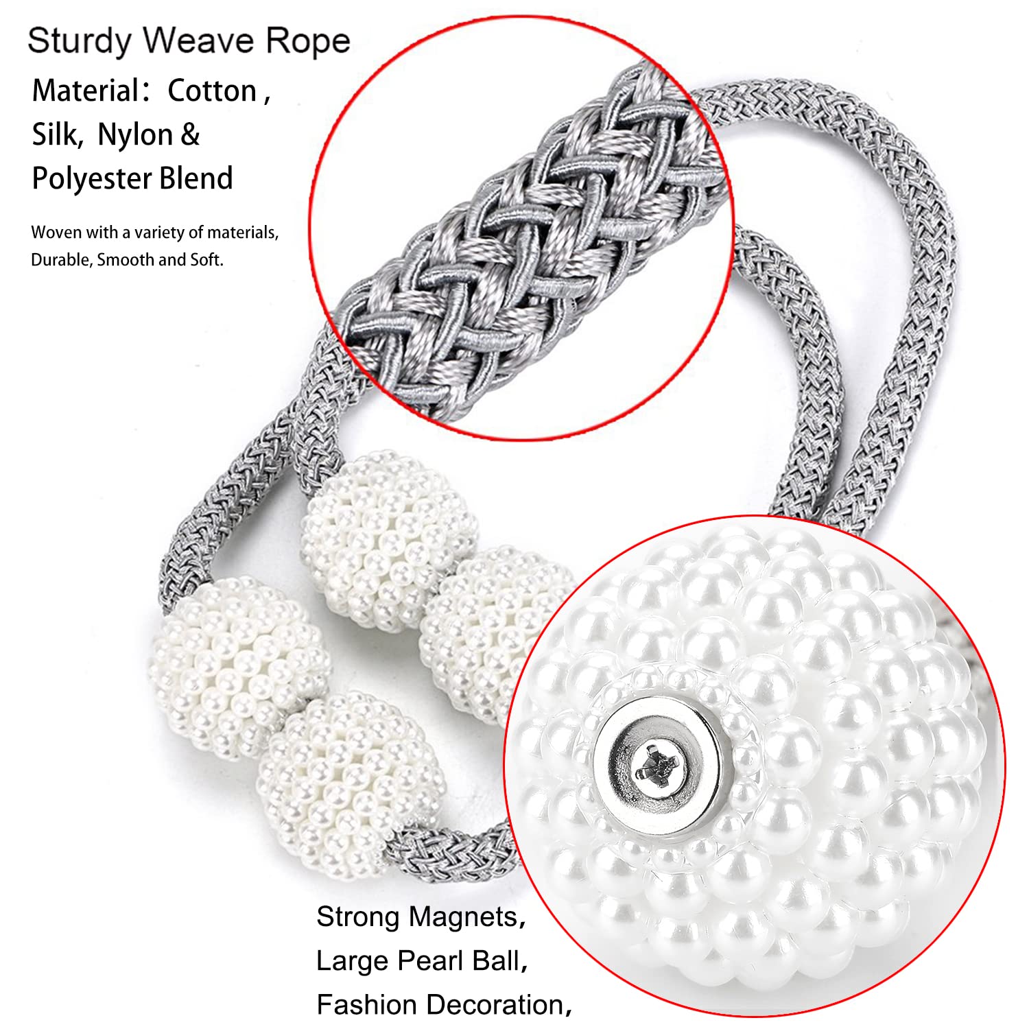 Pinowu Magnetic Curtain Tiebacks Convenient Drape Tie Backs (4pcs), Pearl Decorative Holdback Rope Holder for Small, Thin or Sheer Window Draperies (Gray)