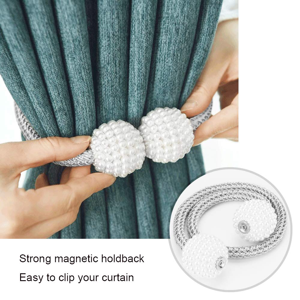 Pinowu Magnetic Curtain Tiebacks Convenient Drape Tie Backs (4pcs), Pearl Decorative Holdback Rope Holder for Small, Thin or Sheer Window Draperies (Gray)