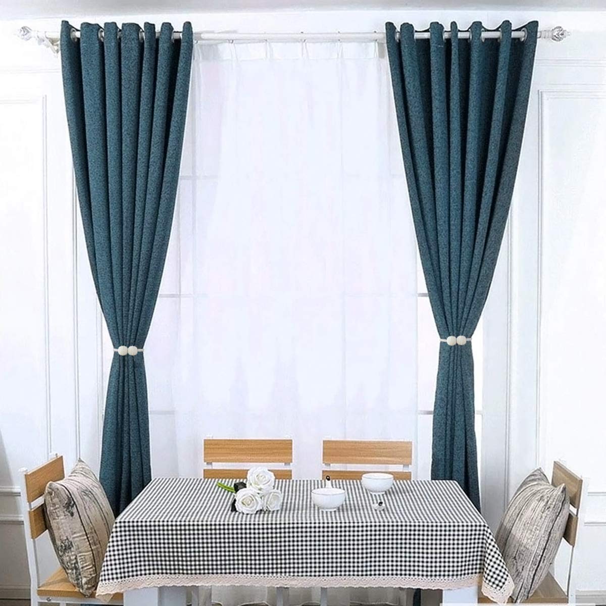 Pinowu Magnetic Curtain Tiebacks Convenient Drape Tie Backs (4pcs), Pearl Decorative Holdback Rope Holder for Small, Thin or Sheer Window Draperies (Gray)