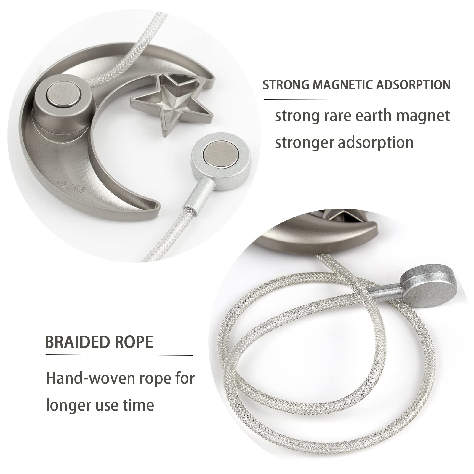 JINDIN Magnetic Star Moon Curtain Tiebacks, Curtain Tie Backs 2 Pack, Moon Star Curtain Holdbacks, Magnetic Weave Rope Curtain Buckle Hooks Clip for Home Office Decorative Curtain (Silver)