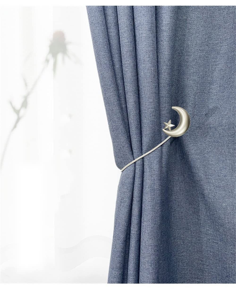 JINDIN Magnetic Star Moon Curtain Tiebacks, Curtain Tie Backs 2 Pack, Moon Star Curtain Holdbacks, Magnetic Weave Rope Curtain Buckle Hooks Clip for Home Office Decorative Curtain (Silver)