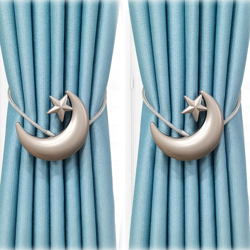 JINDIN Magnetic Star Moon Curtain Tiebacks, Curtain Tie Backs 2 Pack, Moon Star Curtain Holdbacks, Magnetic Weave Rope Curtain Buckle Hooks Clip for Home Office Decorative Curtain (Silver)