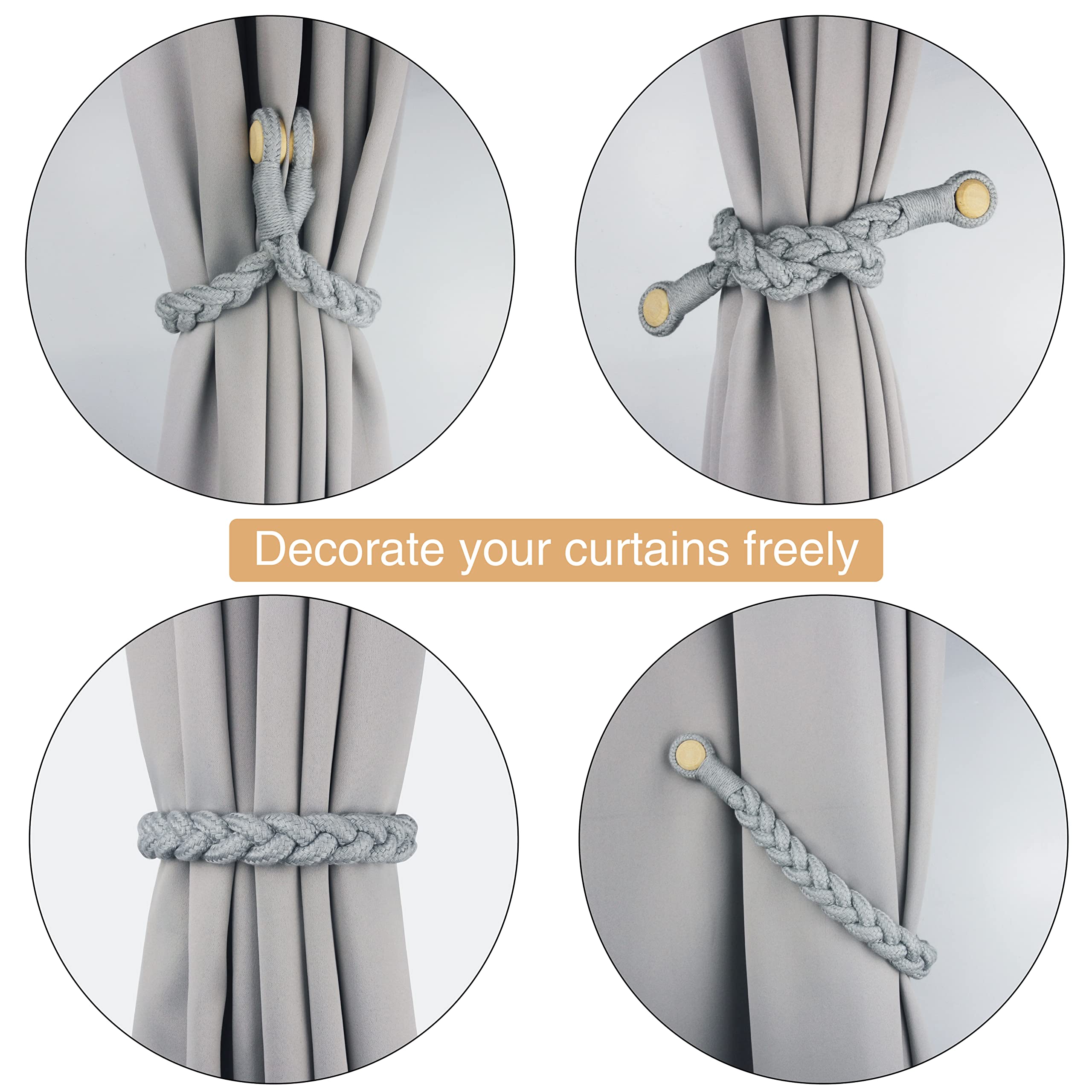 Porlau 2 Pack Grey Magnetic Soft Curtain Tiebacks Cotton Hand-Woven Tieback Holdback Home Decorative Tie Backs with Wooden Buckle for Home Office Decor