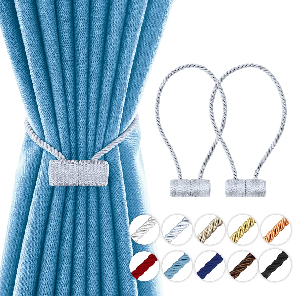 YUNTUOO 18 Inch Strong Magnetic Curtain Tiebacks, Curtain Holdbacks Modern Upgrade Strong 2021 New Twisted Style Decorative Drapery Rope âTie Backs(2 Pack Silver Grey)