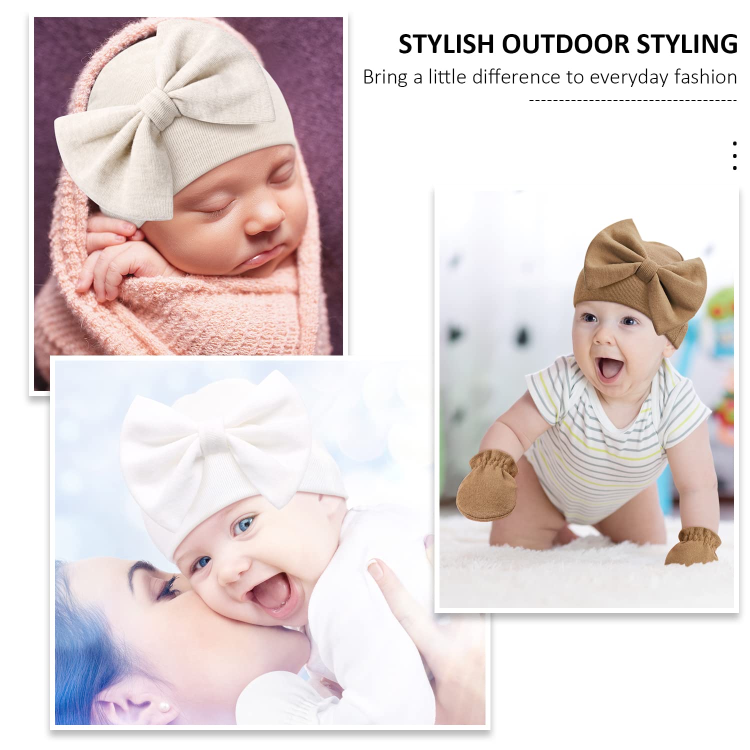Newborn Hospital Hats Gloves Baby Infant Bow Beanie Cotton Caps No Scratch Hat Mittens Set for 0-6 Months