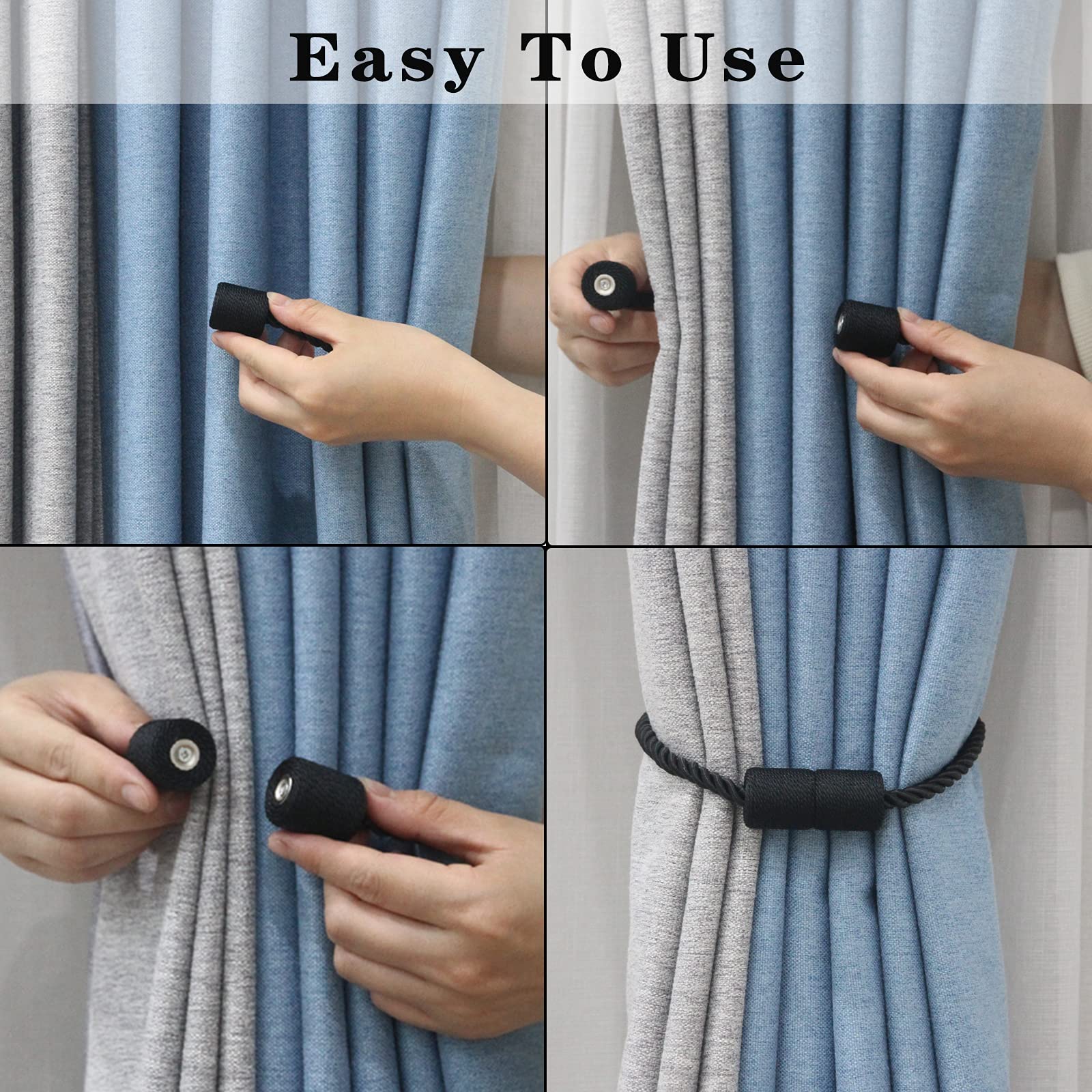 Porlau 6 Pack Black Strong Magnetic Curtain Tiebacks Outdoor Elegant Decorative Tie Backs Modern Rope Tiebacks for Drapes Window Curtain Holdbacks for Draperies