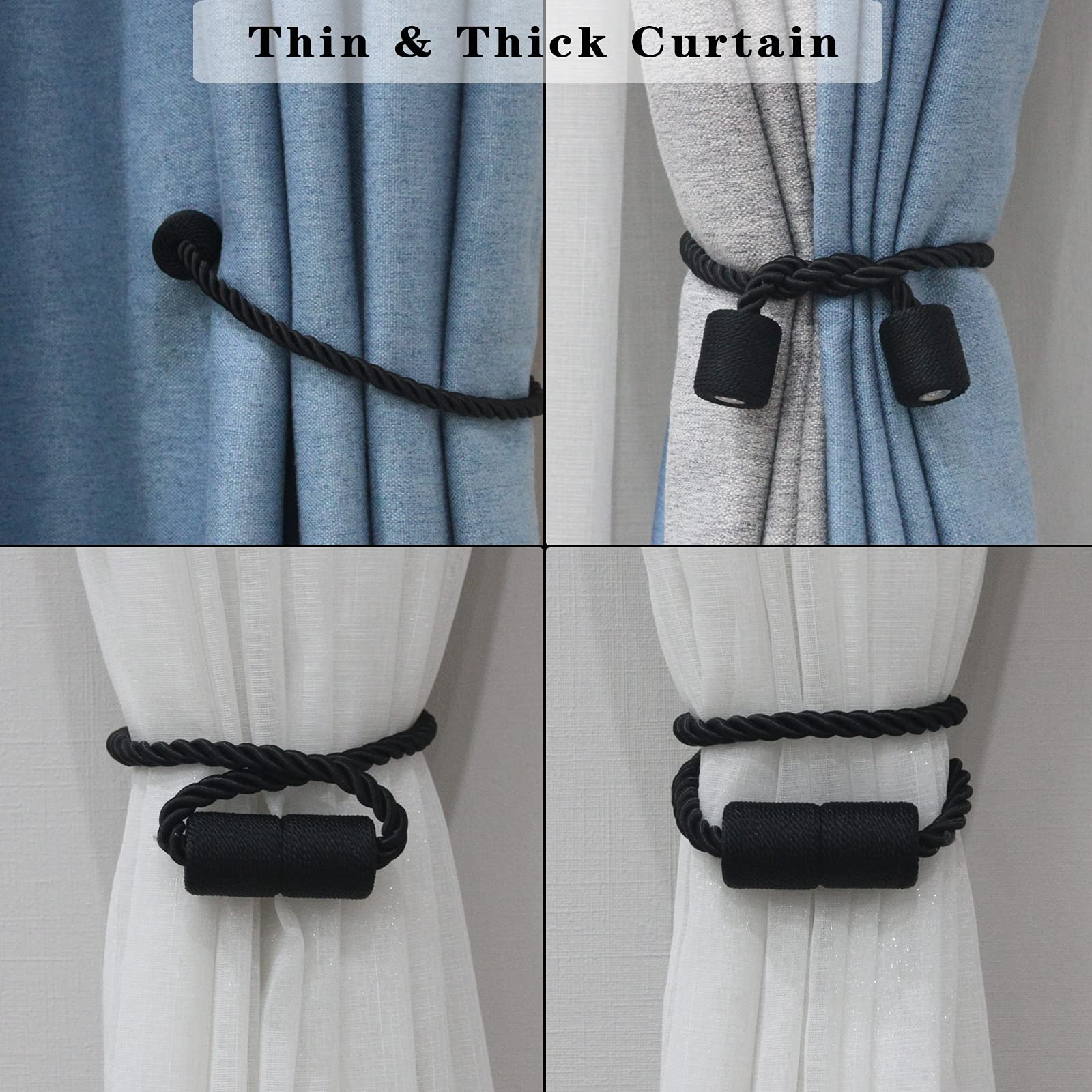 Porlau 6 Pack Black Strong Magnetic Curtain Tiebacks Outdoor Elegant Decorative Tie Backs Modern Rope Tiebacks for Drapes Window Curtain Holdbacks for Draperies
