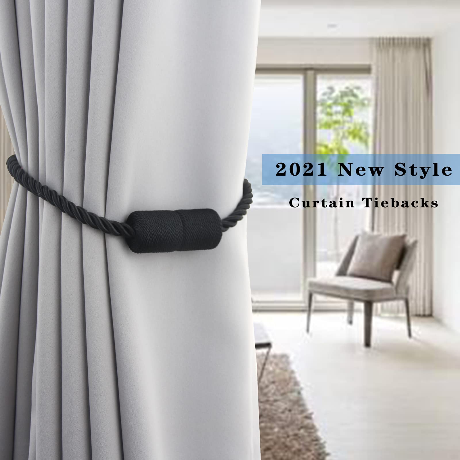 Porlau 6 Pack Black Strong Magnetic Curtain Tiebacks Outdoor Elegant Decorative Tie Backs Modern Rope Tiebacks for Drapes Window Curtain Holdbacks for Draperies