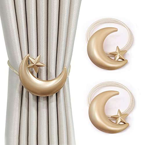 canjuxk 2 Pack Curtain Tie,Magnetic Curtain Tiebacks,Star Moon Curtain Decorative Weave Rope Curtain Holdbacks Holder for Window Decor, Curtain Clips Rope Straps Magnet for Home Office (Gold)